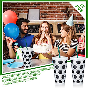 Uiifan 12 Pcs Plastic Tumbler with Lid and Straw Theme Cups 24oz Reusable Cups Gifts for Men Women Birthday Party Supplies Favors(Soccer)
