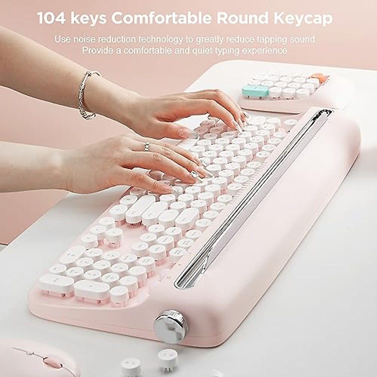 YUNZII ACTTO B503 Wireless Typewriter Keyboard, Bluetooth Connection, Cute Retro Aesthetic Design with Integrated Stand for Tablet, Phone, PC and Win/Mac/Android (B503, Baby Pink)