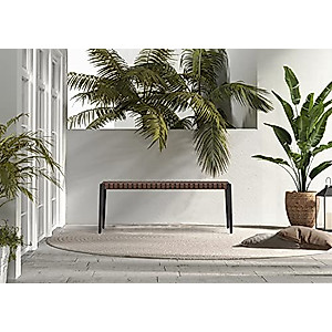 Grand patio Outdoor/Indoor Aksel 2-Seat Bench, Steel Frame Leather-Look Resin Wicker Bench with Tapered Legs, Scandinavian Style Bench for Small Front Porch Entryway Bench for Garden Dining