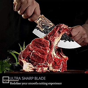 Meat Cleaver Knife Forged in Fire Butcher Knife Professional Boning Knife with Sheath Outdoor Chef Knife Carbon Steel Kitchen Knives for Camping, Fishing, BBQ