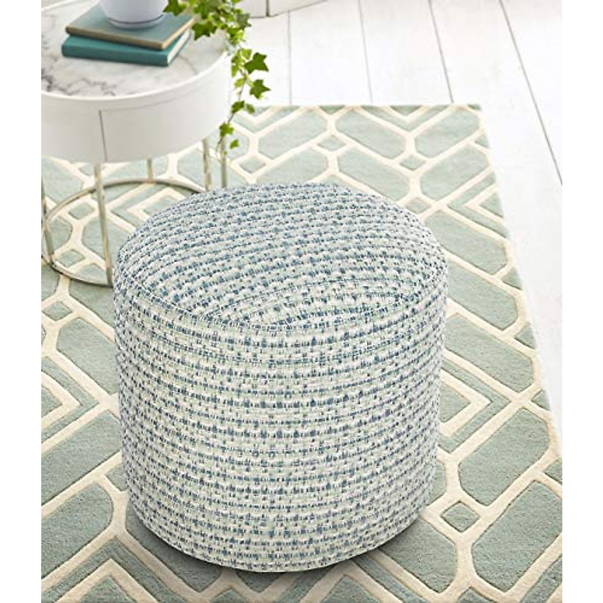 LR Home Interwoven Coastal Delight Indoor Outdoor Pouf, Blue/Green/White, 20" x 20" x 20"