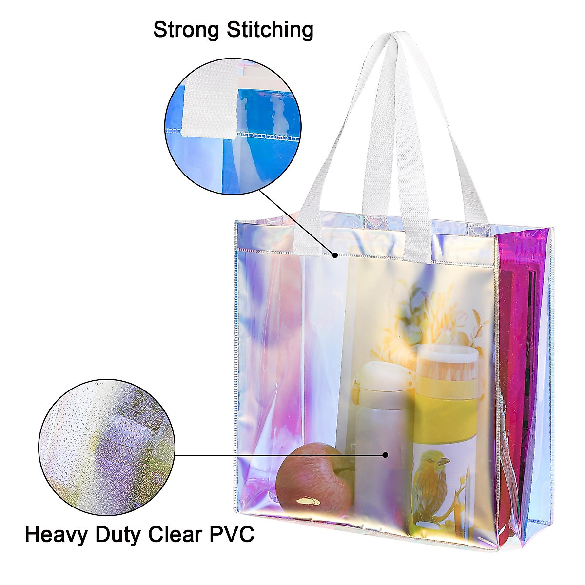 Suwimut 6 Pack Clear Tote Bag, 12 x 12 x 6 Inch Stadium Approved Hologram Large Clear Bags Iridescent Handbag PVC Plastic Tote Bag for Sports Games, Work, Security Travel, Stadium Venues or Concert