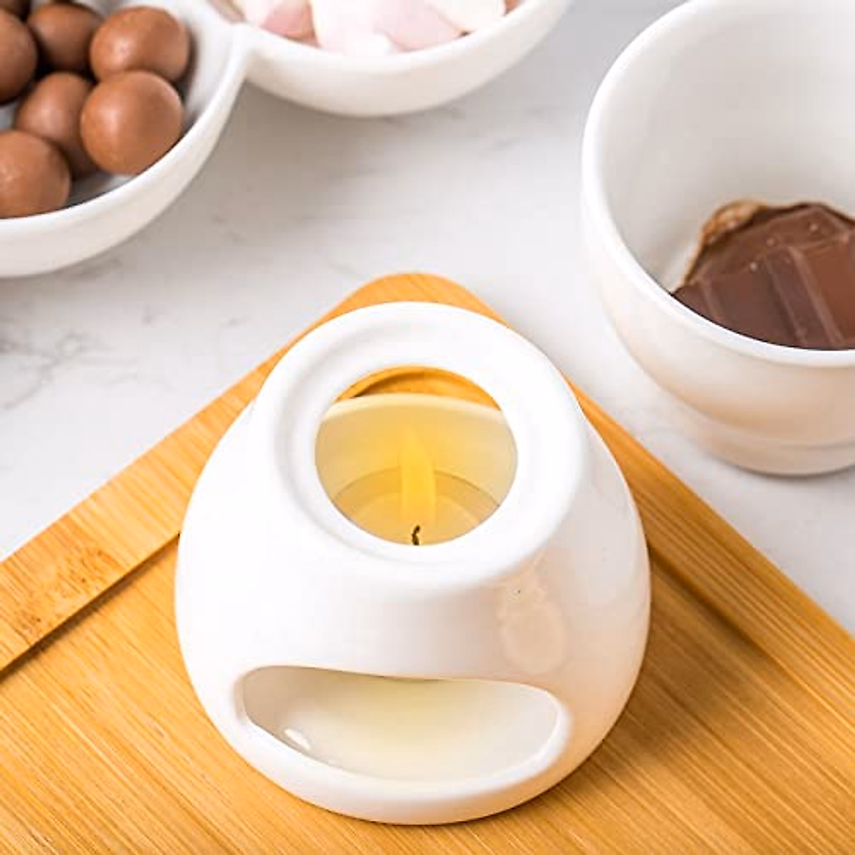 Tebery Fondue Set with 4 Color Forks, Premium Tea Light Porcelain Melting Pot for Cheese, Chocolate and Tapas - White