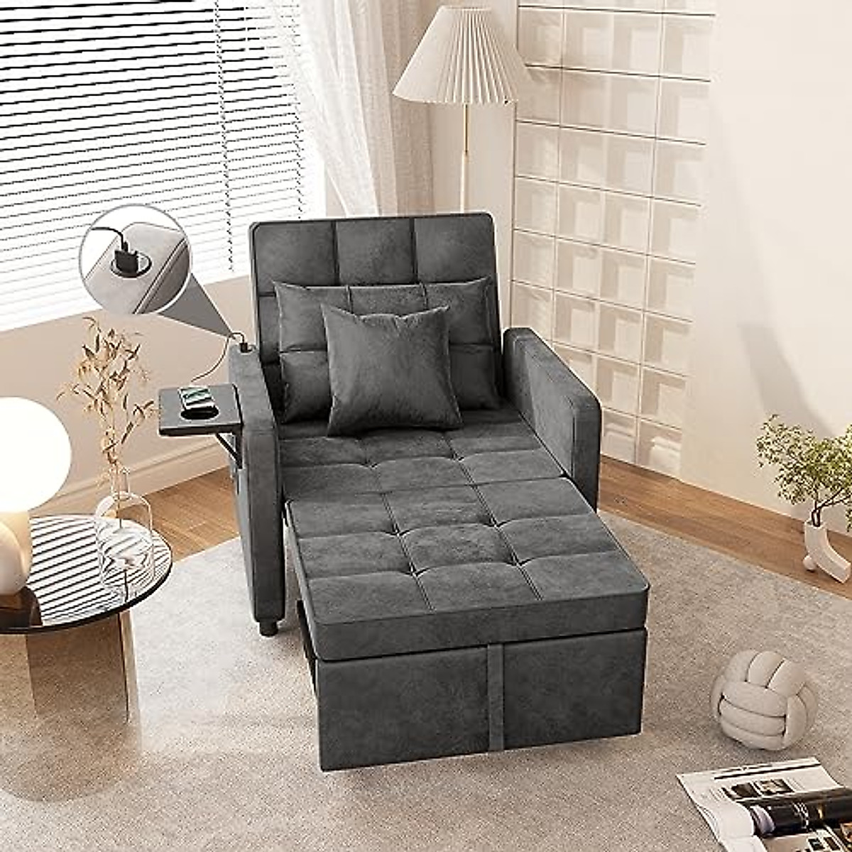 Vabches Sofa Bed Chair with Wing Table and USB Ports Outlet, 3-in-1 Sofa Chair Bed with Two Pillows, Velvet Sleeper Chair with Adjustable Backrest, Easy Assembly, Dark Grey