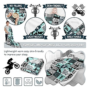 Buyyet Cool Dirt Bike Blanket,Extreme Sport Motorcycle Gift Blanket for Kid Men,Racing Themed Patchwork Grid Blanket Motocross Rider Plaid Blanket Motorcycle Silhouette Blanket 40''x 50''for Kid/Child