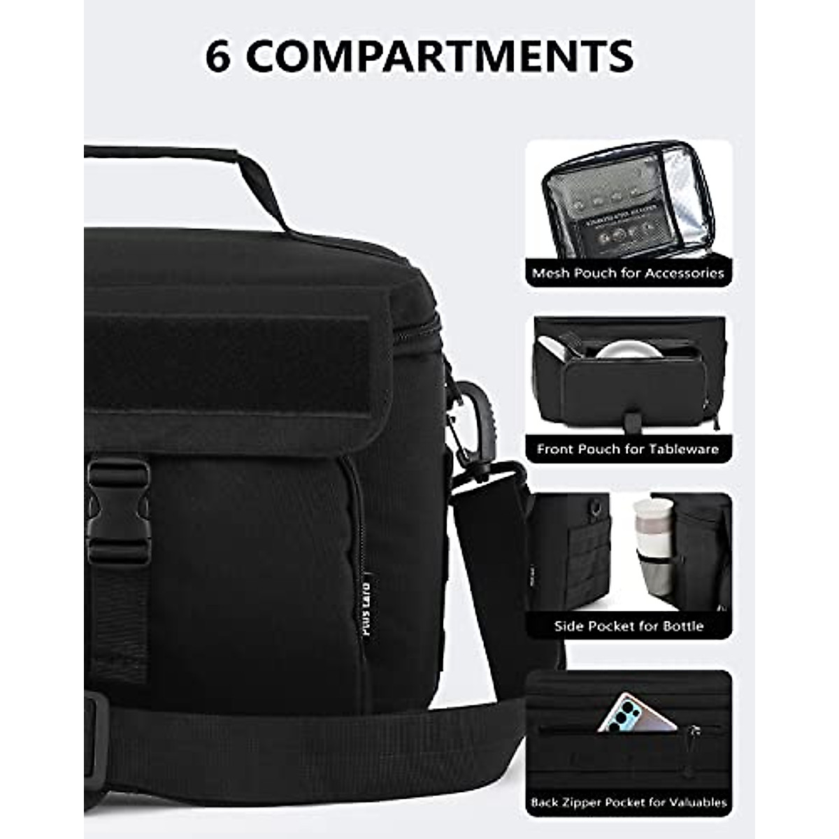 Insulated Lunch Bag for Men, Tactical Men Lunch Box Leakproof Meal Prep Lunch Cooler Bag with Shoulder Strap, Water Resistant MOLLE Reusable Adult Large Lunch Bags for Work Office Travel, Black