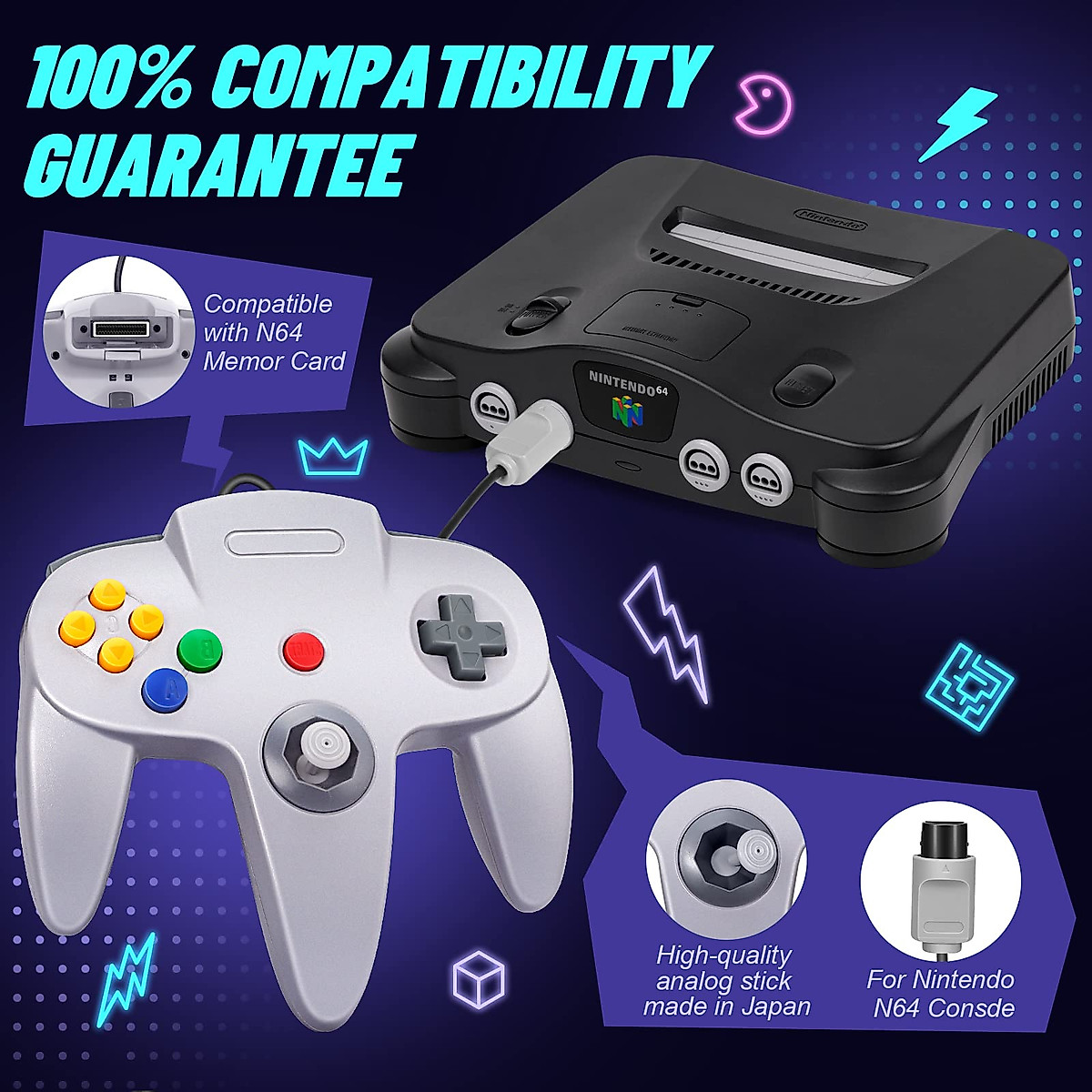 FISUPER Wired N64 Controller Classic Gamepad Joystick for N64 Console (2 Pack Grey)