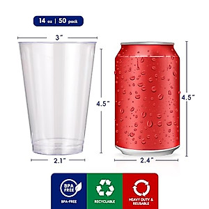 JOLLY CHEF 14 oz Clear Plastic Cups, 50 Pack Heavy-duty Party Glasses, Disposable plastic cups for wedding Cocktails Tumblers, Ideal for Halloween, Christmas, and Thanksgiving Parties