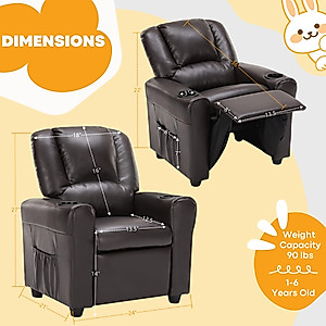 JC Home Contemporary Leather Kids Recliner with Cup Holder and Headrest, Hot Pink