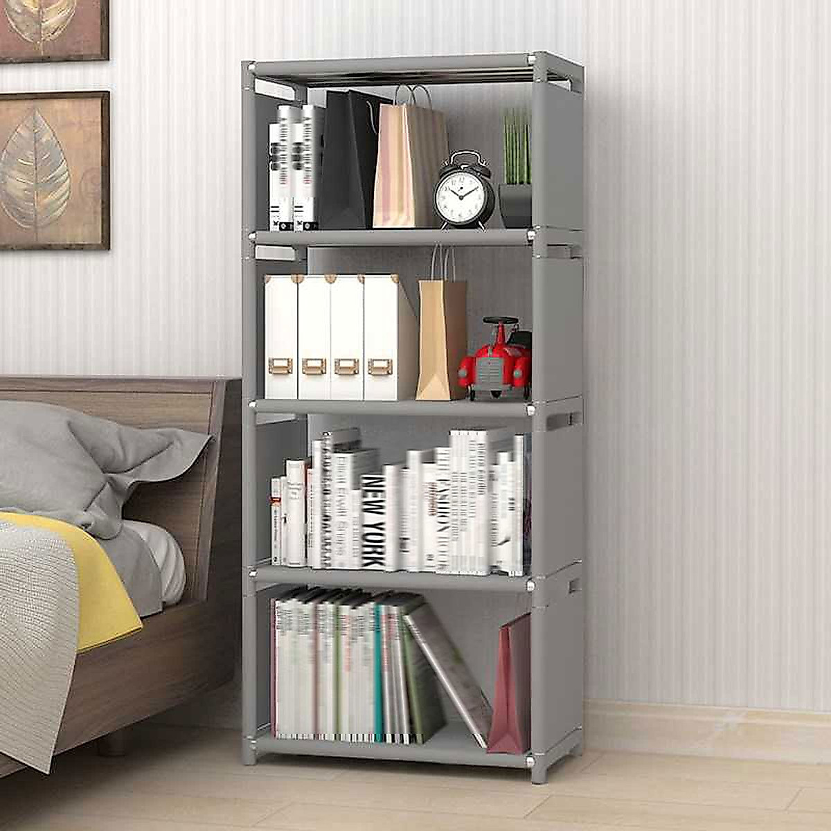 4-Tier Waterproof Cube Storage Shelf Organizer for Bedroom, Living Room, Ideal for Small Spaces Diy, Can Be Used as Bookshelf, Bookcase, Closet, Pantry Shelves and Many More (Metal &Woven Fabric)