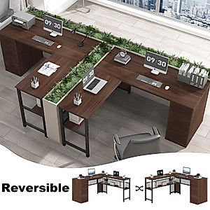 LVB L Shaped Desk with Drawers, Reversible L Shape Computer Desk with Storage Cabinets for Home Office, Large Wood Metal Executive Corner Writing Desk Table for Work Study Gaming, Walnut, 59 Inch