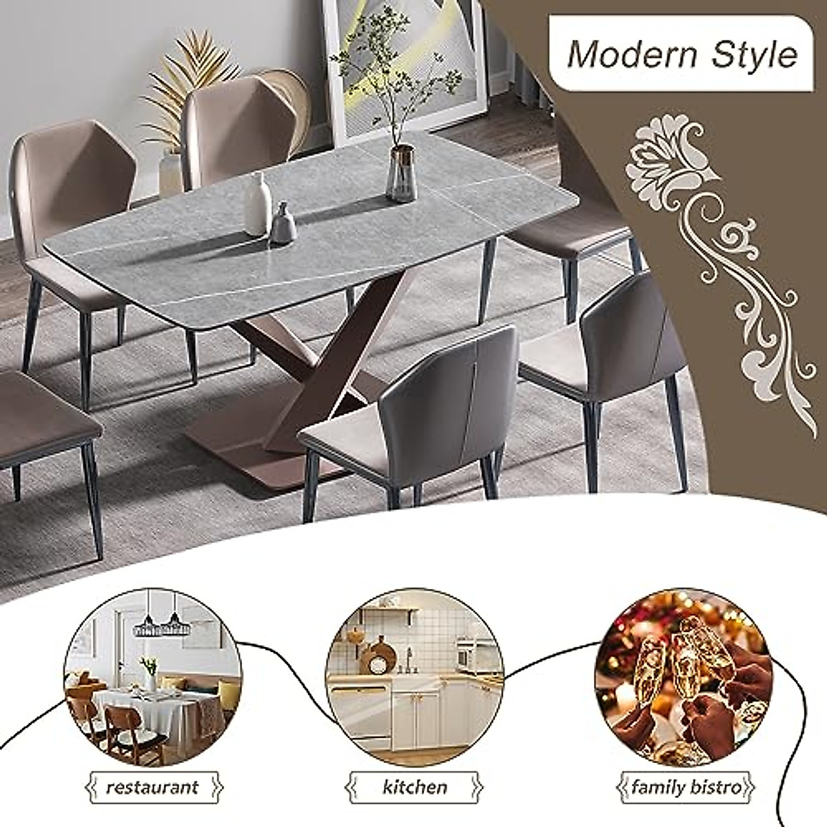Modern Kitchen Dining Table for 6, Artificial Sintered Stone Table Top Rectangle Kitchen Table with Curved Edge and X-Shape Base, Dinner Table for Resterant Dining Room Office, Grey(Without Chairs)