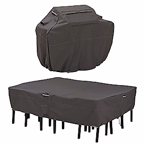 Classic Accessories Ravenna Water-Resistant 58 Inch BBQ Grill Cover and 108 Inch Rectangular/Oval Patio Table & Chair Set Cover Bundle