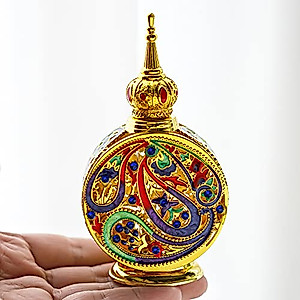 Vintage 18ml Empty Refillable Egyptian Style Enameled Metal and Glass Perfume Bottle