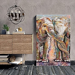 OuElegent Elephant Painting Canvas Wall Art Elephant Couple Graffiti Art Print Wlidlife African Animal Pictures Love Artwork for Home Living Room Bedroom Framed Ready to Hang