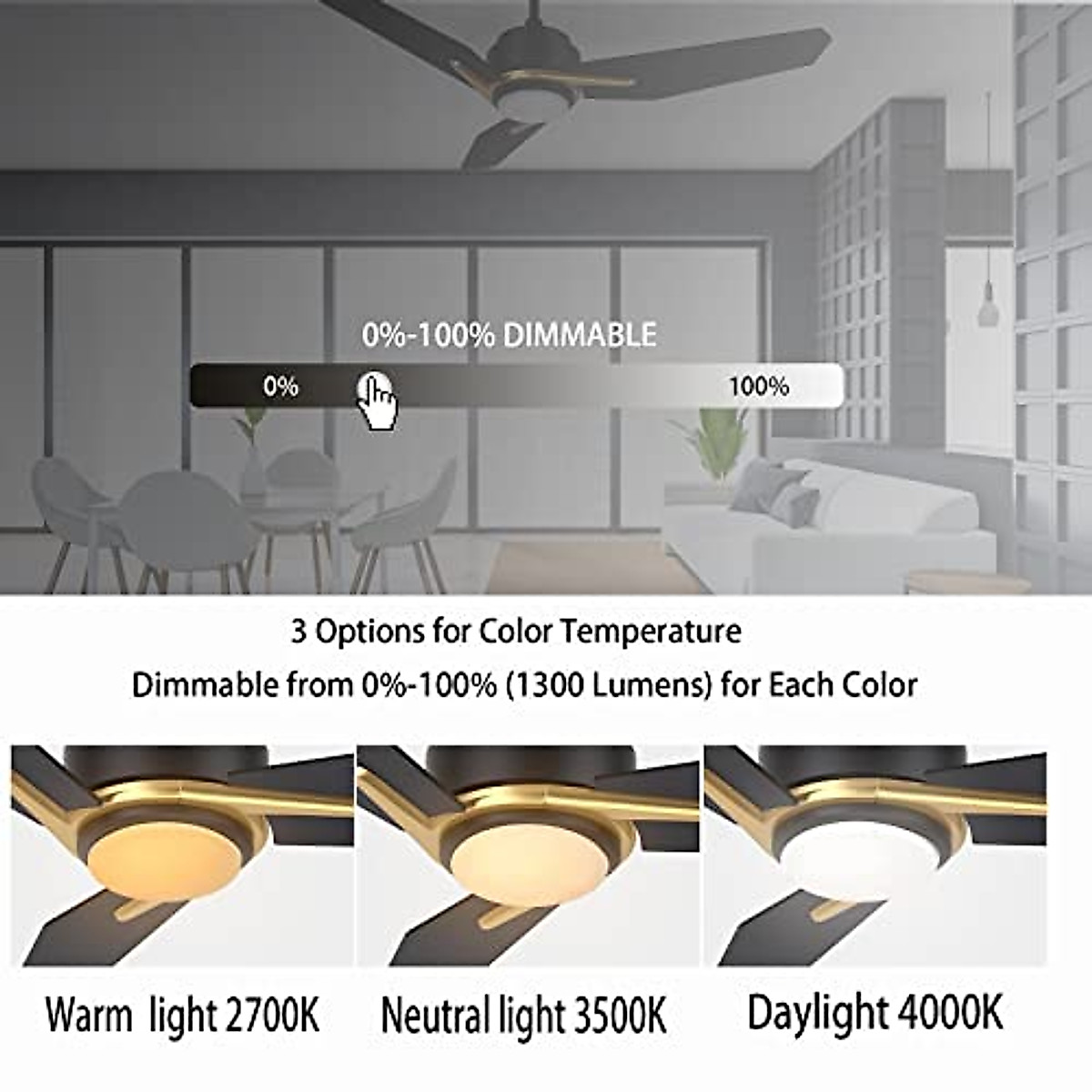 SMAAIR Smart Ceiling Fan with light, 3 Blades Black Outdoor Ceiling Fan with DC Motor,10-Speed,1-8 Hours Timer Schedule, Compatible with Remote Control/Alexa/Google Home/Siri (48", Black/Gold)