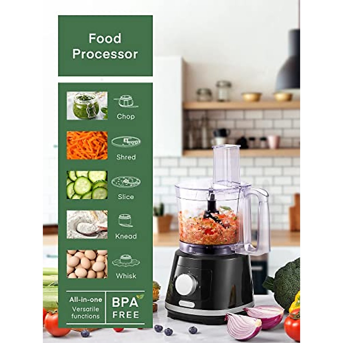 FOHERE Food Processor 8 Cup Food Chopper With Five Stainless Steel & BPA Free Accessories - Chopping, Slicing, Shredding and Whisking, 2 Speeds and Pulse Function, Black