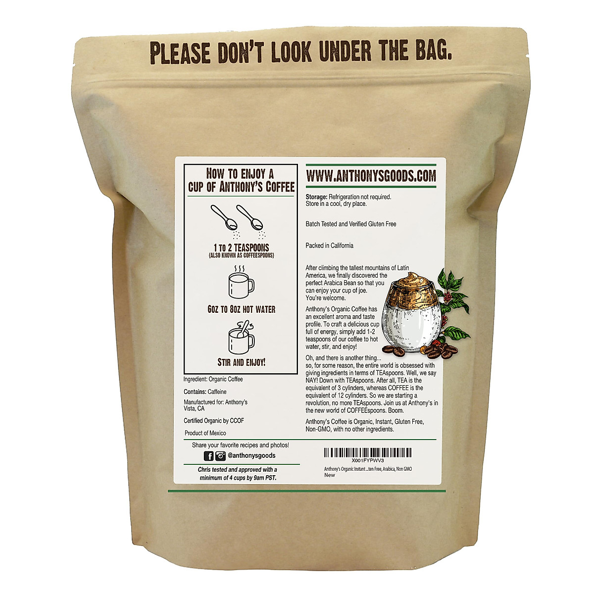 Anthony's Organic Instant Coffee,14oz, Ultra Fine Microground, Gluten Free, Arabica, Non GMO