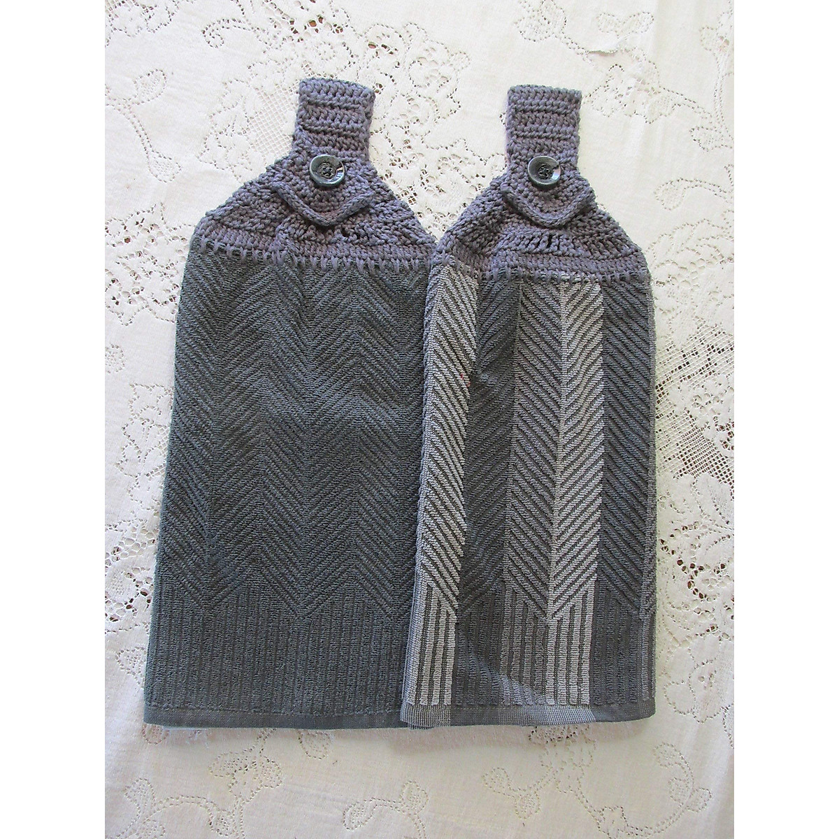 Set of 2 Gray Doubled Chevron Design Hanging Kitchen Towels with Gray Cotton Crochet Top - Best Quality