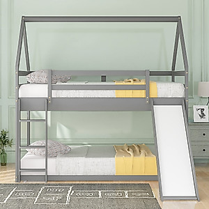 Bellemave Twin Over Twin House Bunk Bed with Slide, House Bunk Bed Kids Bunk Bed with Roof and Ladder for Kids Girls Boys (Grey)