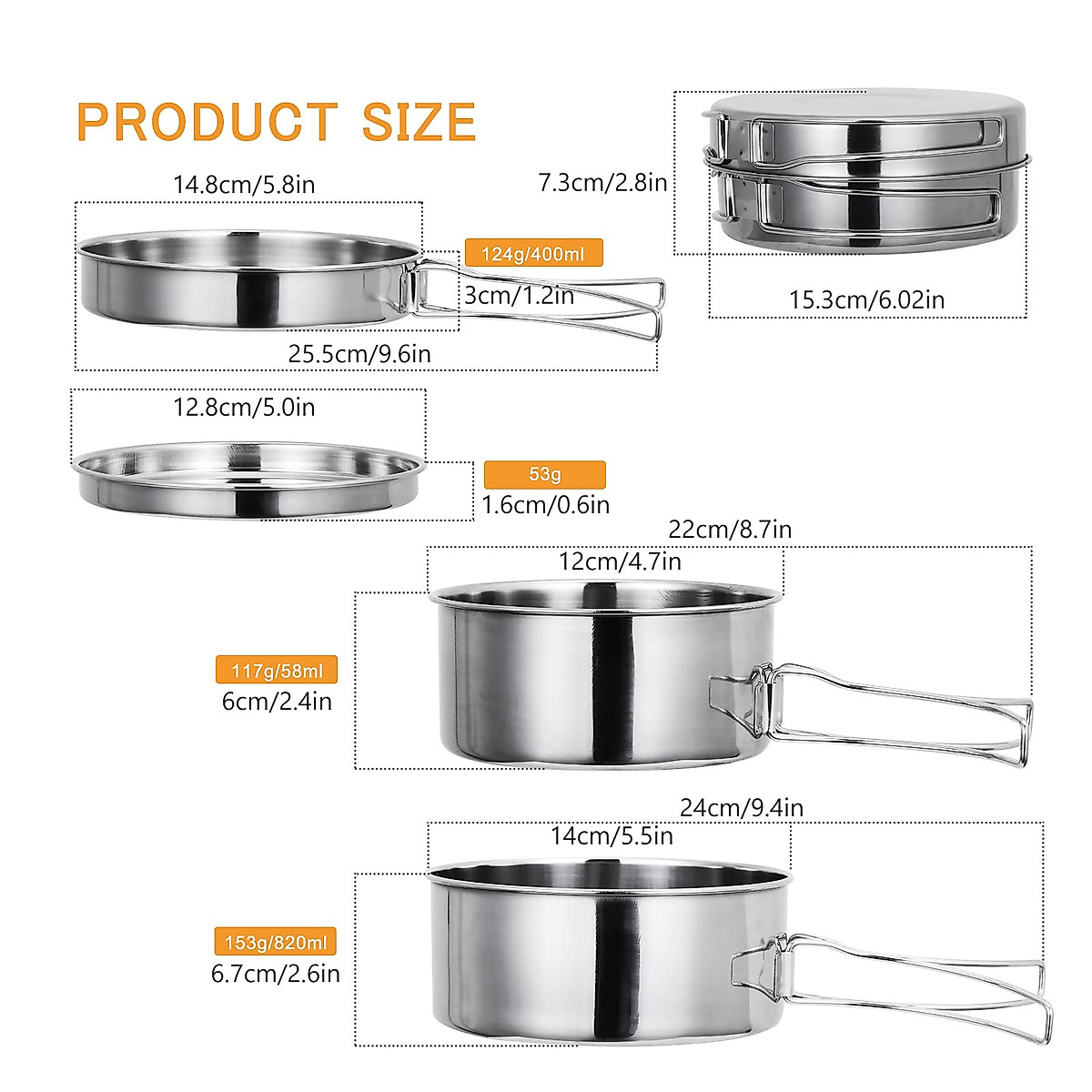 Lixada Camping Cookware Set, 4PCS Portable Stainless Steel Camp Cook Set, Lightweight Stackable Camping Pots and Pans Plate Set Camping Gear for Outdoor Backpacking Camping Hiking Picnic
