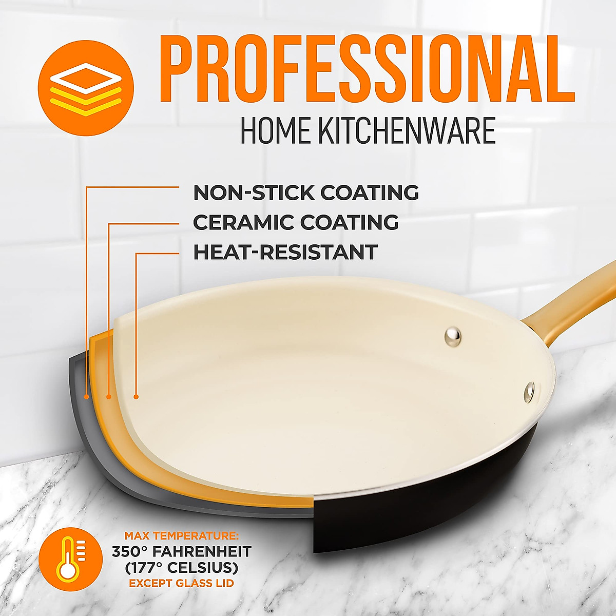 NutriChef 12-Inch Professional Ceramic Frying Pan With Lid - Large Skillet with Golden Titanium Handle, Non-Stick Ceramic Coating, Stain-Resistant, Easy to Clean, Ideal for Home Cooking