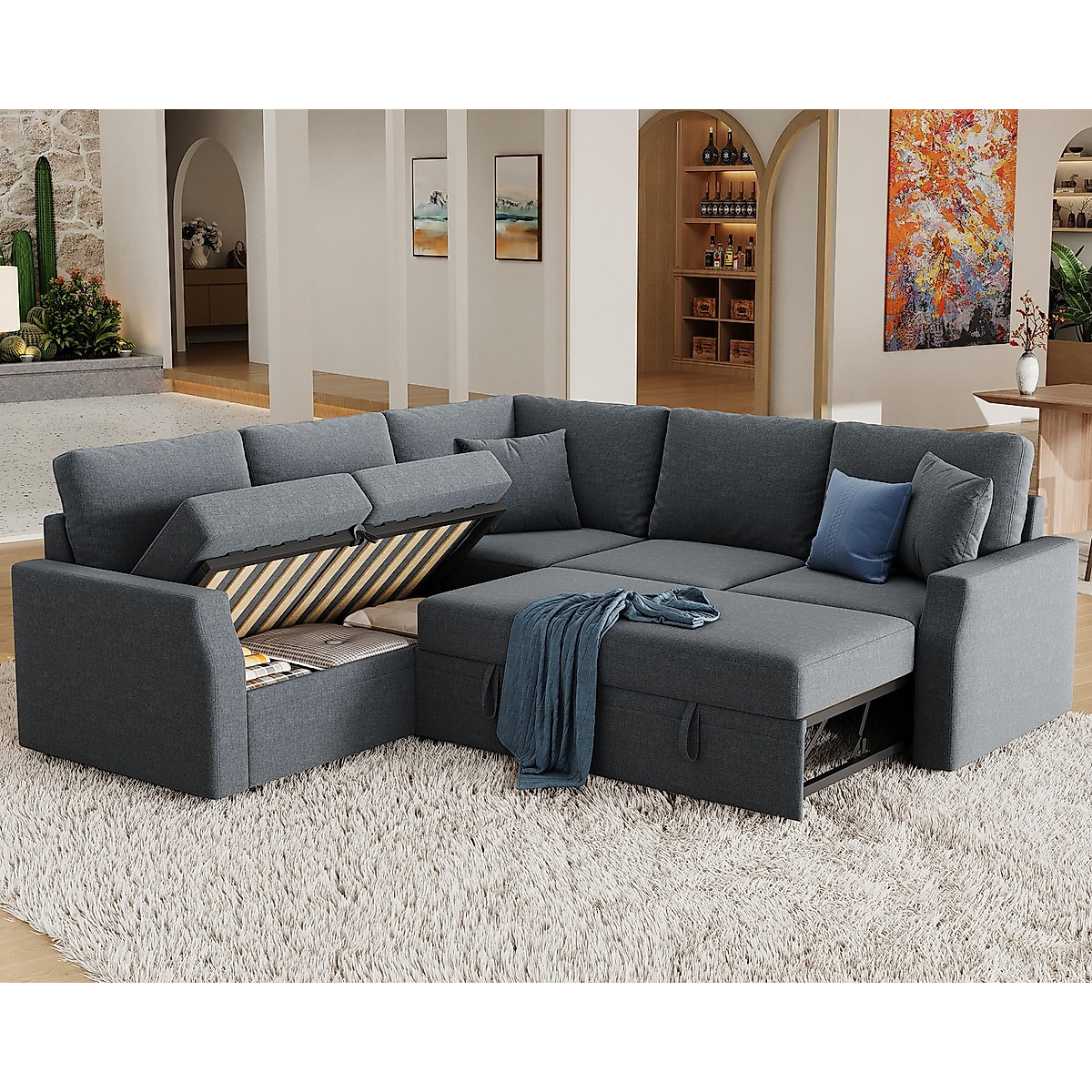 Jocisland Sofa Bed, 85 Inch Sleeper Sofa with Pull Out Bed & Storage Seat, Oversized L Shape Sectional Sofa for Living Room Apartment, Grey Linen Reversible Couch