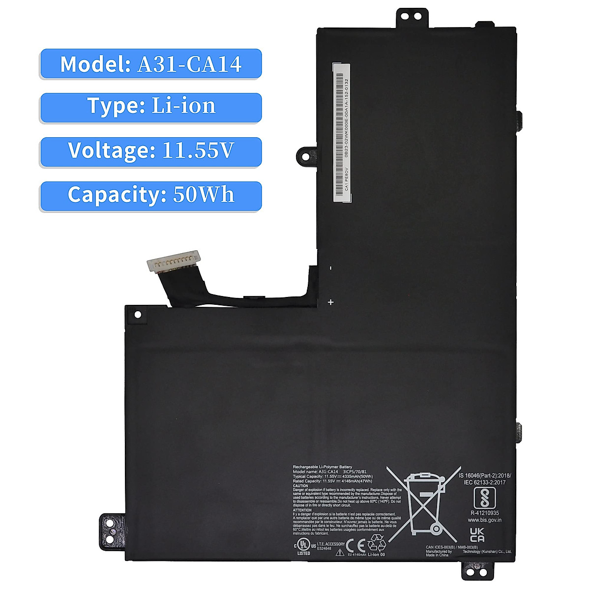 HXPKH A31-CA14 Laptop Battery for Getac A31-CA14 3ICP5/70/81 31CP5/70/81 Series Battery 11.55V 50Wh/4335mAh