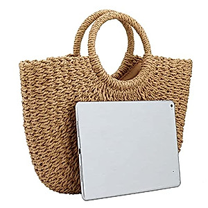 Summer Rattan Bag for Women Straw Hand-woven Top-handle Handbag Beach Sea Straw Rattan Tote Clutch Bags (Coyote brown)