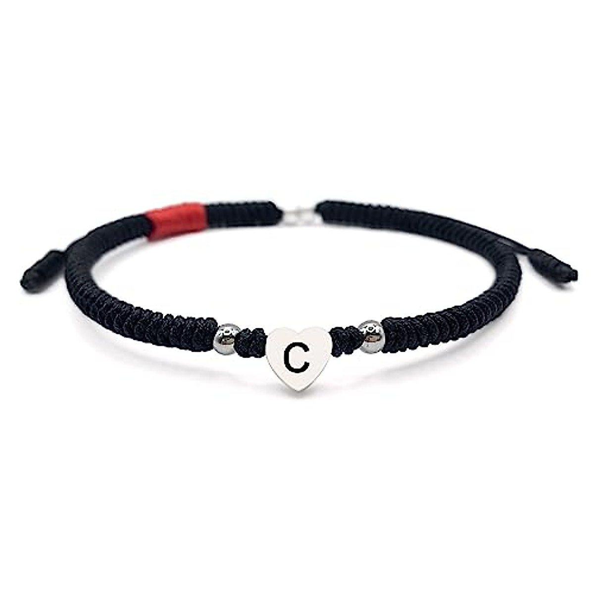 LAMIBEE Initial Letter Bracelet, Protection and Lucky String Bracelet, Black Red Bracelet with Inspirational Card, Heart Link Bracelet for Men, Women, Friendship (Letter C)