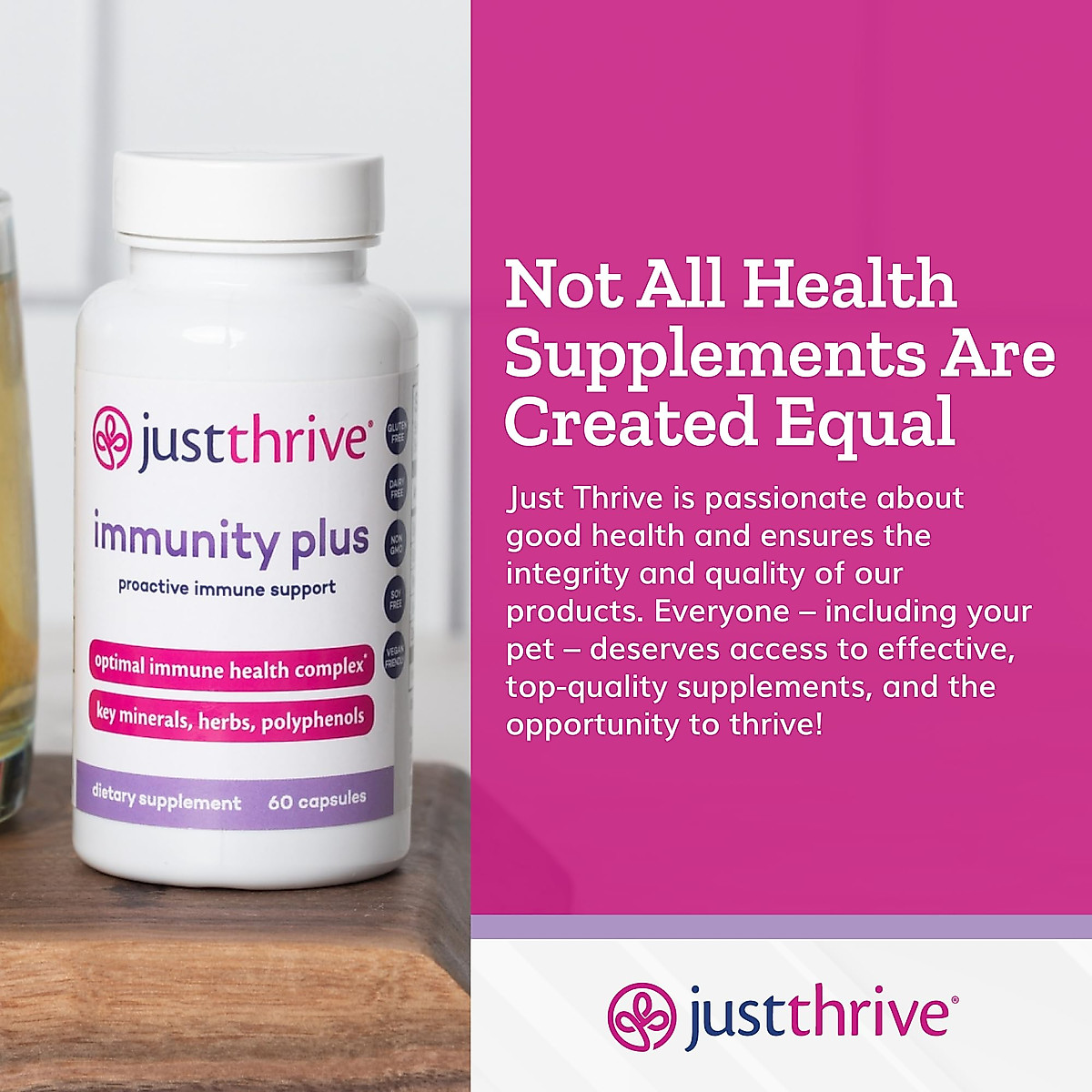 Just Thrive Immunity Plus - Vegan Gut Health and Immune Support Supplement for Kids and Adults, 60 Capsules