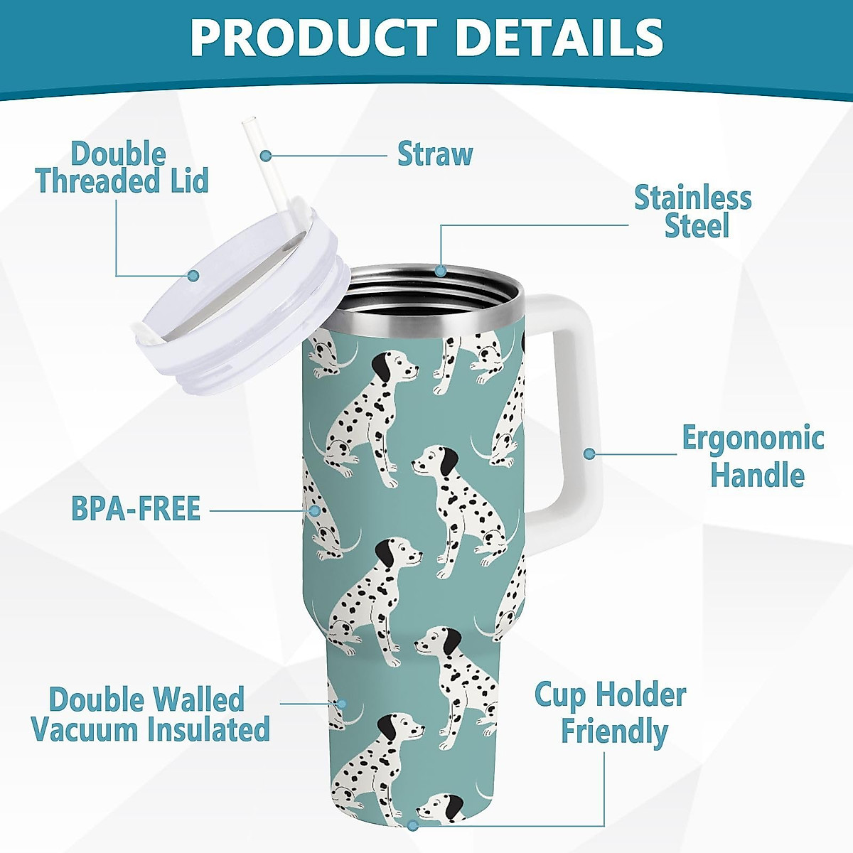 KEEPREAL 40 oz Cute Dalmatian Tumbler with Handle, Insulated Sports Water Bottle with Lid and Straw, Thermal Stainless Steel Travel Coffee Mug Cup