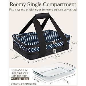 Premium Insulated Casserole Carrier with Heat-Resistant Mat for Hot or Cold Food – Fits 9”x13” or 11”x15” Baking Dishes, Lasagna Holder for Potlucks, Parties, Picnics, and Cookouts [Navy Polka Dot]