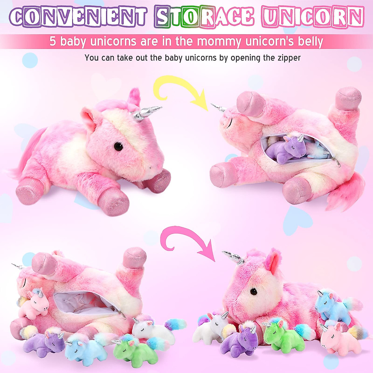 Sumind Rainbow Unicorn Mommy Stuffed Animal with 5 Cute Baby Unicorns in Her Tummy Plush Toy for Mama Girls Baby Toddler Kids 3 4 5 6 7 8+ YearChristmas Birthday Gifts(Stylish Style,Pink)