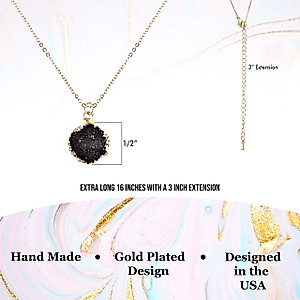 Gold Plated Pendant Necklace for Women – Stylish Gold Design – Druzy Pendant Necklace – Great Gift (Jet)
