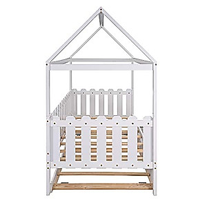 KLMM Low Daybed for Kids, Floor Bed with Trundle Bed, House Shape Wooden Bed Frame with Fence-Shaped Guardrail and Roof, Bedroom Furniture, Can be Decorated, Tent, Twin (White+Fence-Shaped Guardrail)
