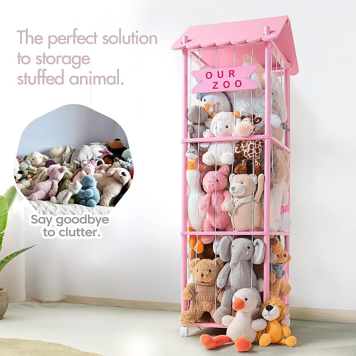 mloong Large Stuffed Animal Zoo Storage, 58" Tall Wooden Stuffed Animal Cage, Stuffed Animal Zoo Wood Soft Toy Organizer, Applicable Kids Nursery Play Room Bedroom (Pink)