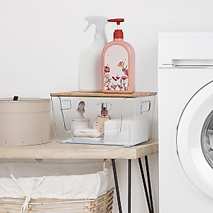 Citylife 2 PCS Small Stackable Storage with Bamboo Top Acrylic Trash Bag Dispenser Open Laundry Room Organizer with Handle