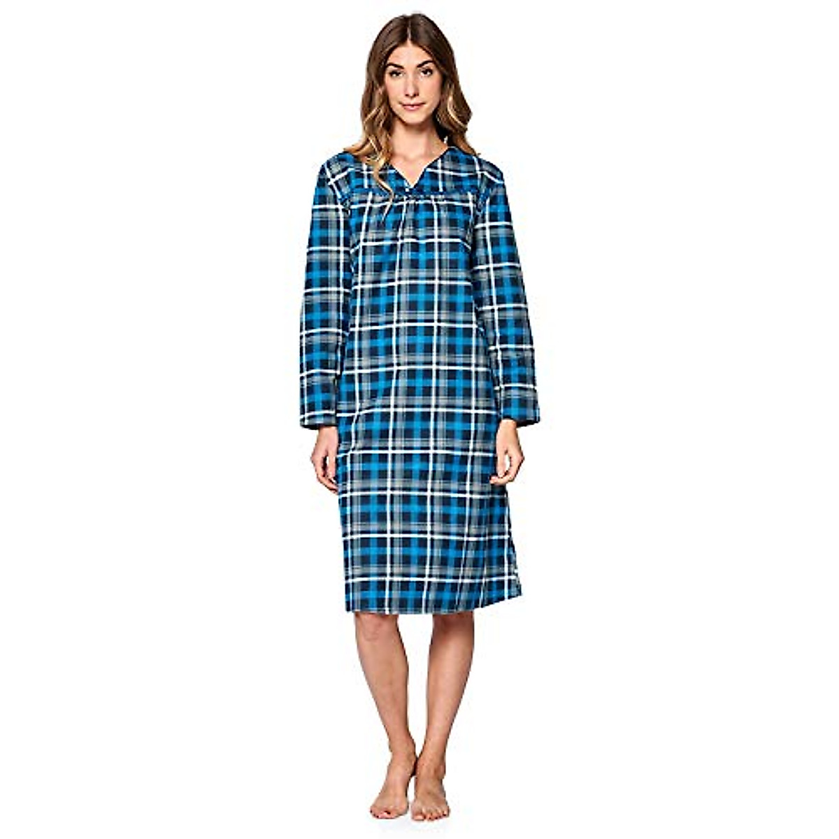 Casual Nights Women's Flannel Plaid Long Sleeve Sleepwear Nightgown - Navy - Large