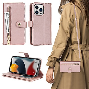 iCoverCase for iPhone 13 Pro Max Wallet Case with Card Holder, Adjustable Crossbody Lanyard PU Leather Kickstand Card Slots Zipper [Not Detachable] Flip Cover Case 6.7 Inch (Rose Gold)