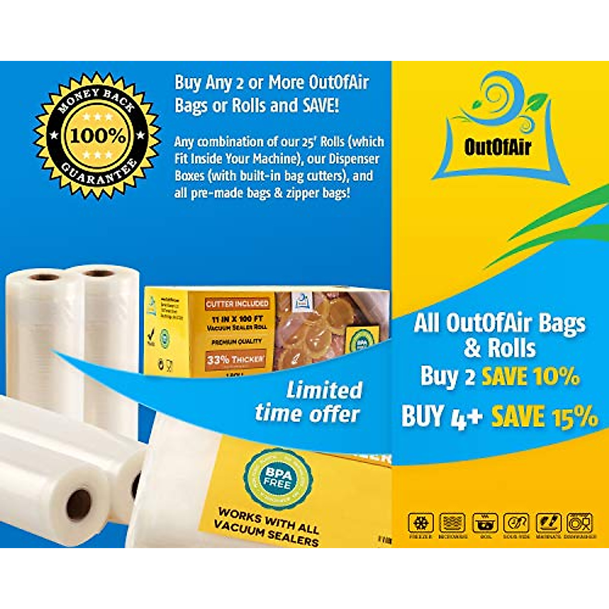 8" x 25' Rolls (Fits Inside Machine) - 4 Pack (100 feet total) OutOfAir Vacuum Sealer Rolls. Works with FoodSaver Vacuum Sealers. 33% Thicker, BPA Free, Sous Vide, Commercial Grade