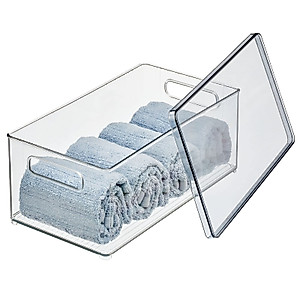 mDesign Plastic Storage Bin Box Container, Lid, Built-In Handles, Organization for Makeup, Hair Styling Tools, Accessories in Bathroom Cabinet, Shelves, Ligne Collection, 4 Pack, Clear/Smoke Gray