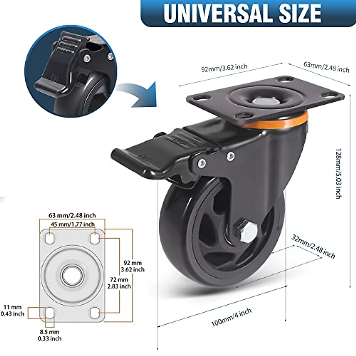 4 Inch Caster Wheels, Casters Set of 4 Heavy Duty with Brake, Polyurethane Foam No Noise Wheels, Safety Dual Locking Plate Industrial Casters, Loading 2000lbs (Two Sets Hardward Kits)