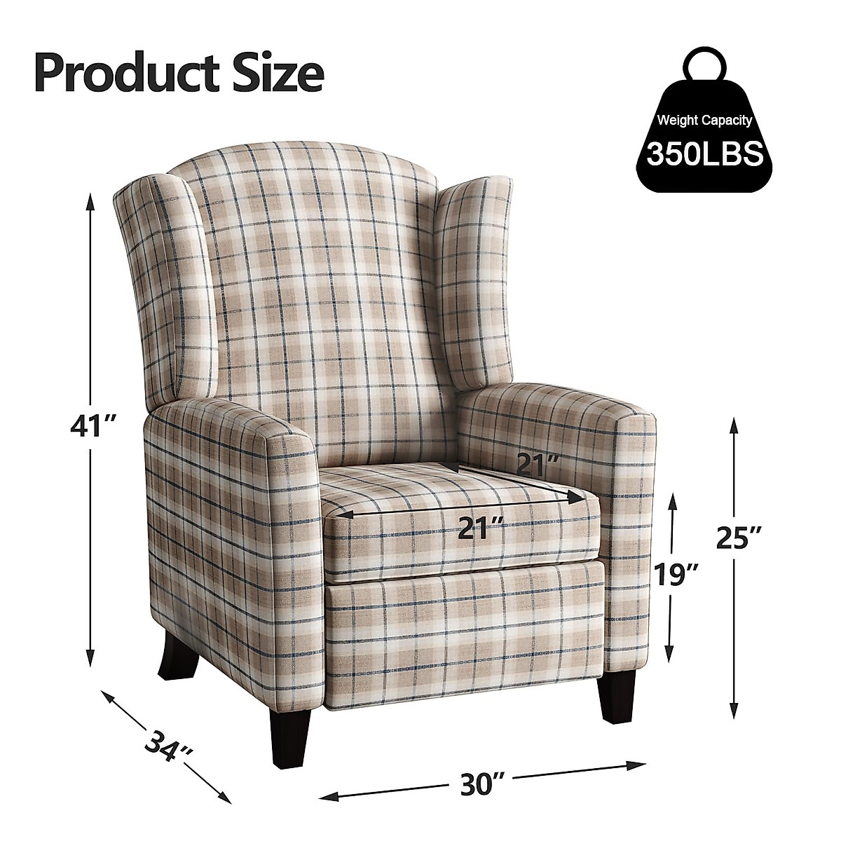 INZOY Push Back Recliner Chair, Pushback Reclining Chair with Padded Seat, Fabric Wingback Recliner for Living Room Home Theater, Plain Plaid
