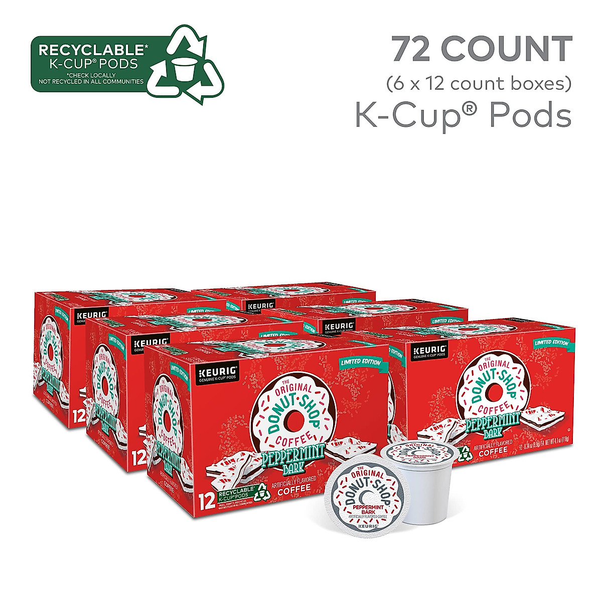 The Original Donut Shop Peppermint Bark Keurig Single-Serve K-Cup Pods, Light Roast Coffee, 72 Count (6 Packs of 12)