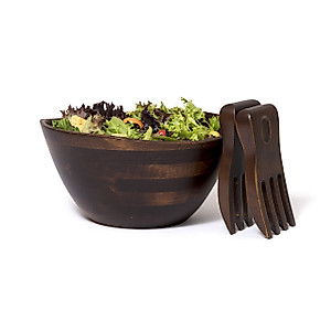 Lipper International Walnut Finish Large Wavy Rim Bowl with Salad Hands