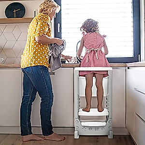 Kids Kitchen Step Stool with Whiteboard, Toddler Tower with 4 Adjustable Heights & Safety Rail, Learning Tower Toddler Step Stool Helper for Bathroom Sink Kitchen Counter, 1-6 Year Old Boy Girl Child