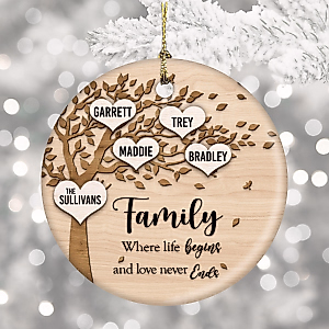 Family Where Life Begins and Never Ends Personalized 3 Inch Ceramic Christmas Ornament With Gift Box (4 Names)