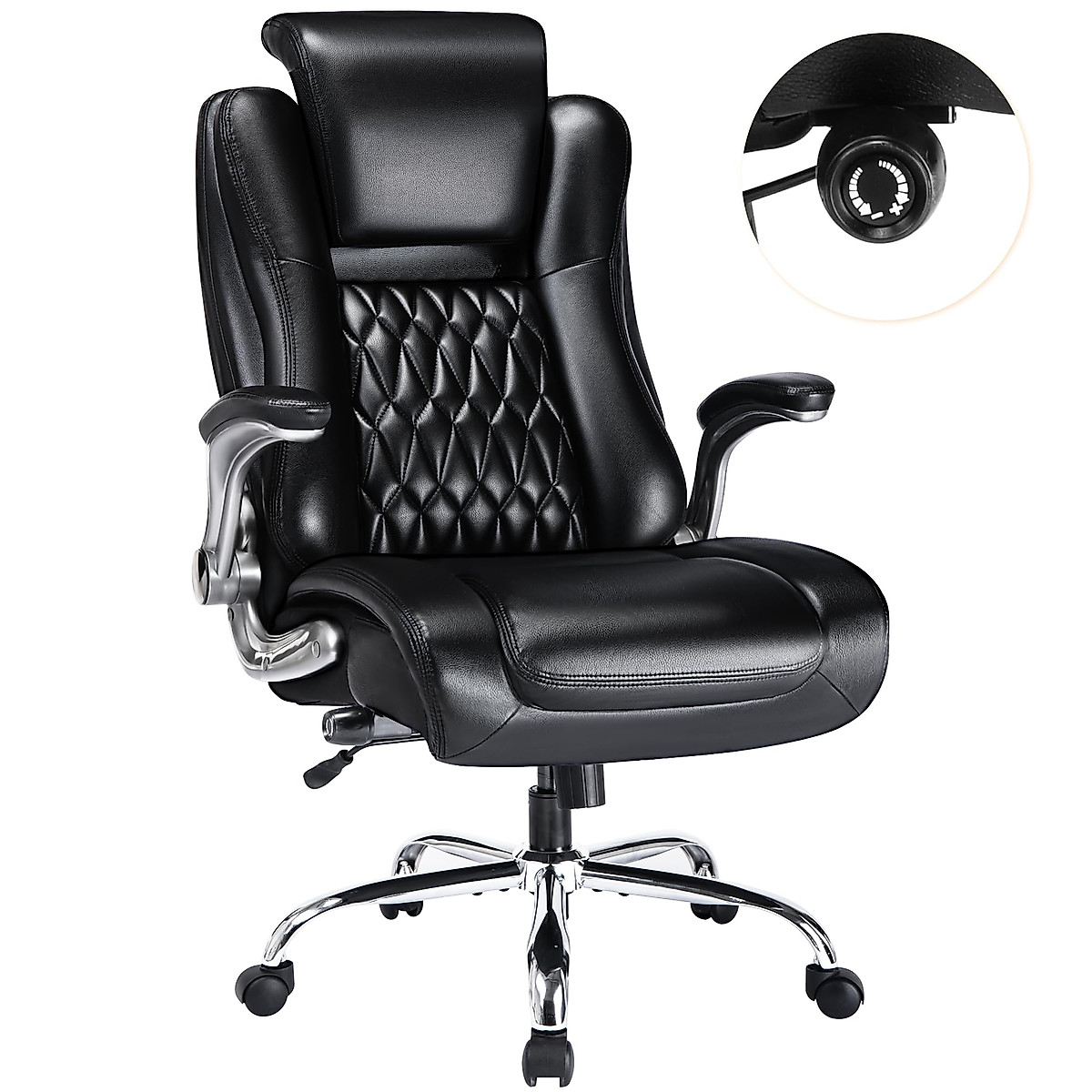 High Back Office Chair with Flip-up Armrests - Lifting Headrest, Built-in Adjustable Lumbar Support, Comfortable Home Office Chair, Executive Office Chair, Ergonomic Design, Sturdy Metal Base