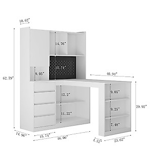 RuiSiSi Home Office L Shaped Corner Desk with Hutch, Drawers & Bookshelf, Modern Desk with LED Light, Study Table Writing Desk, Gaming Computer Desk with Storage, White